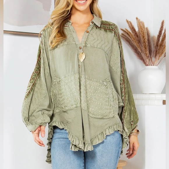 Young Threads | Tops | Stonewashed Olive Rayon Bat Sleeve Shirt Collar ...